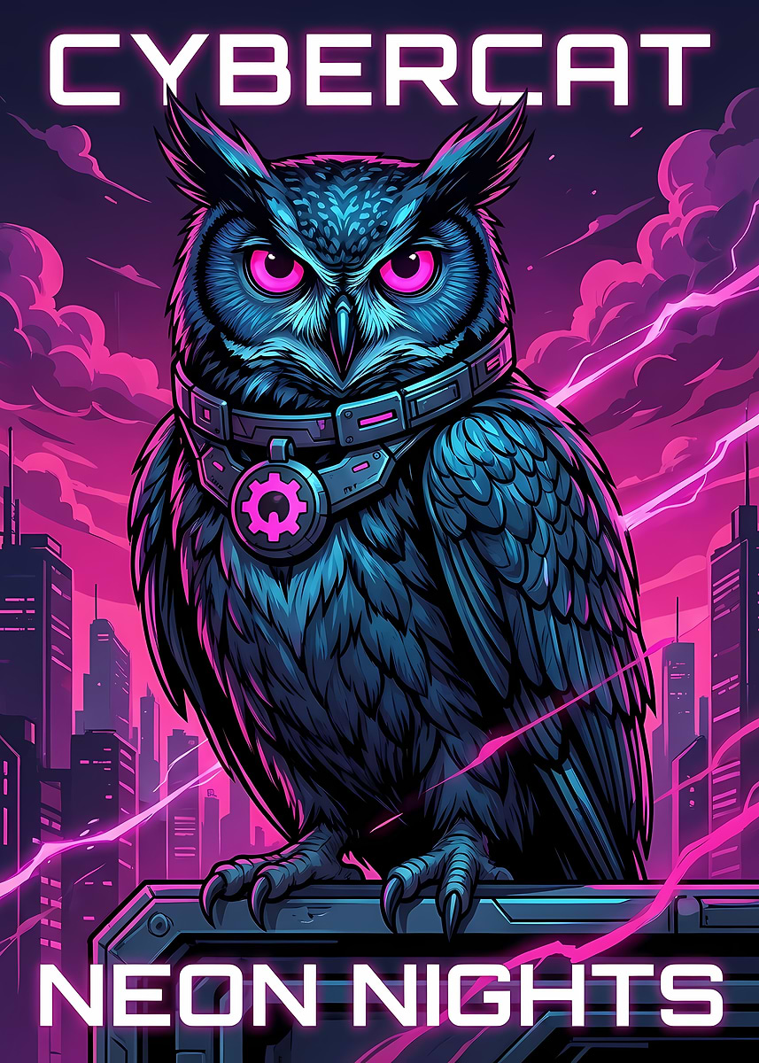 'Cybercat Neon Nights Owl' Poster, picture, metal print, paint by ...