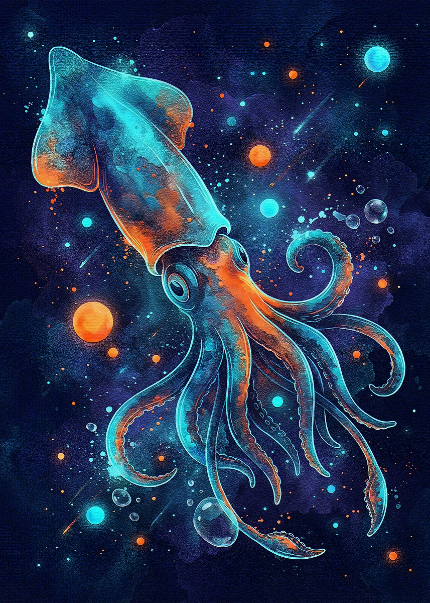'Cosmic Squid Watercolor Art' Poster, picture, metal print, paint by ...