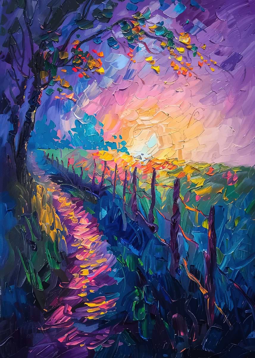 'Impressionistic Vineyard Path at Sunset Painting' Poster, picture ...