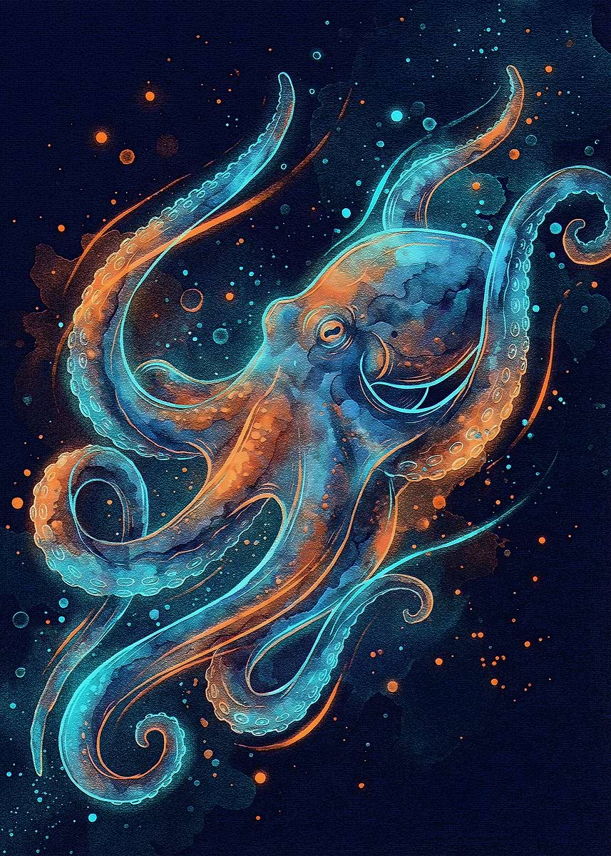 'Glowing Octopus in Deep Blue Sea' Poster, picture, metal print, paint ...