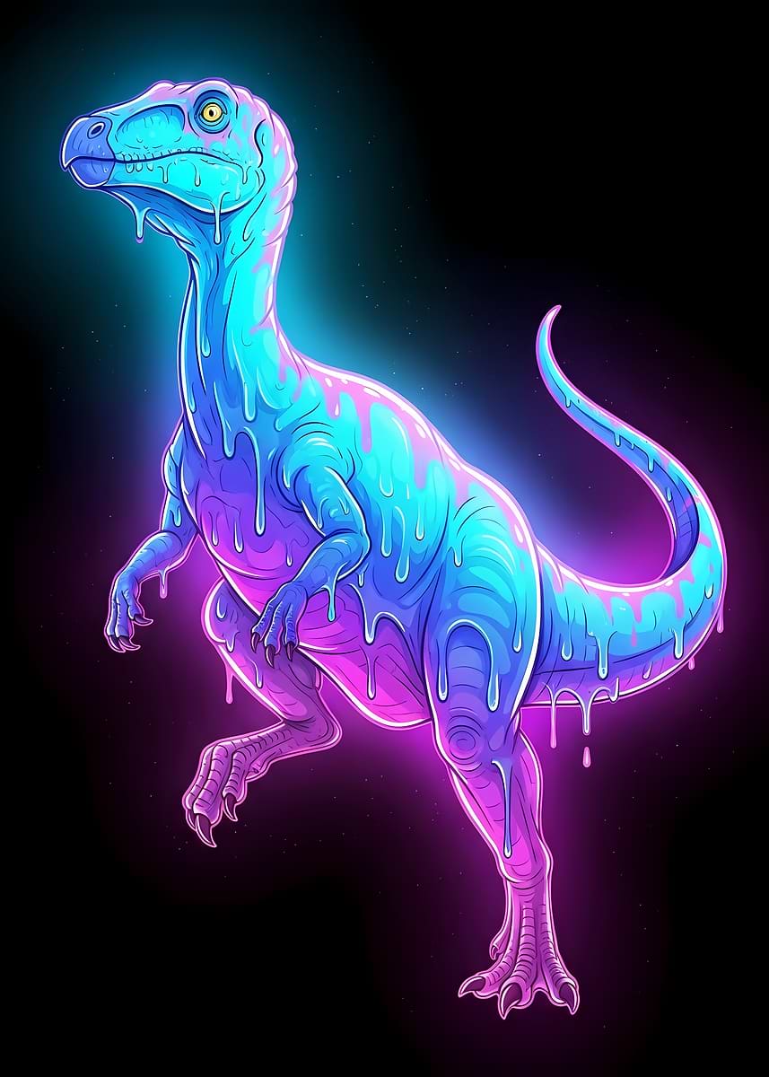 'Neon Dinosaur Illustration on Black Background' Poster, picture, metal ...