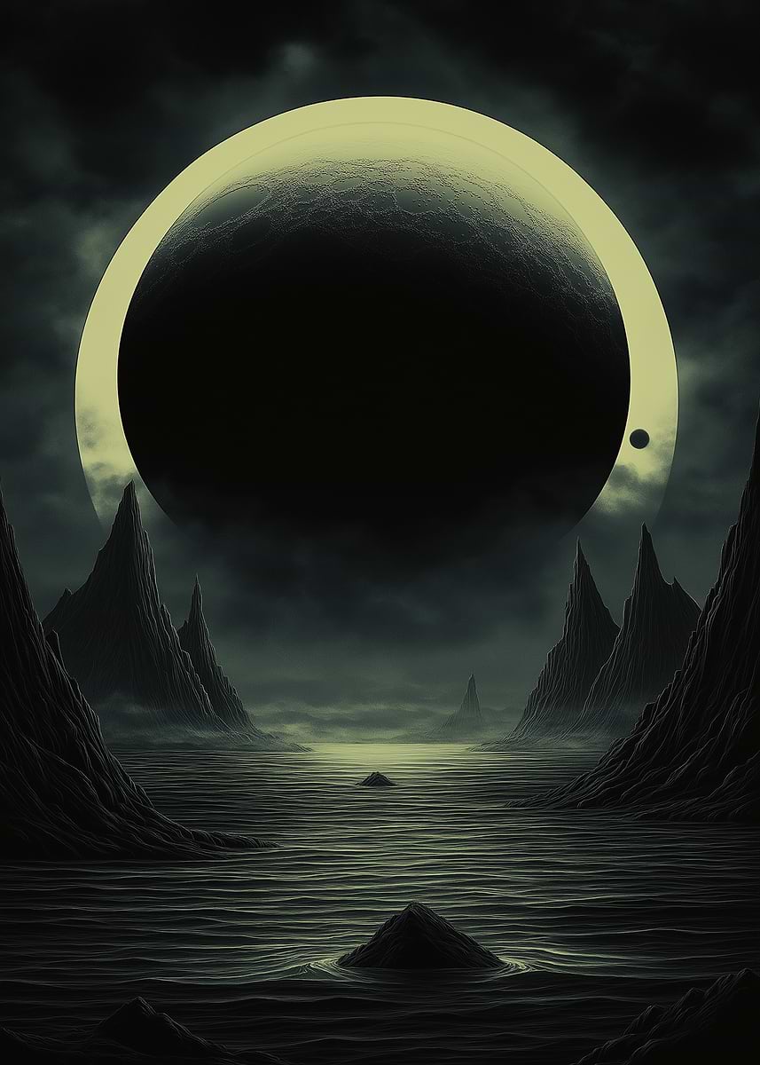 'Eerie Planet Landscape with Dark Water' Poster, picture, metal print ...