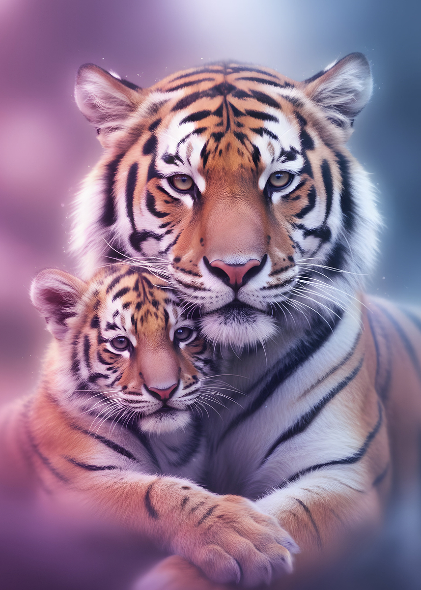 'Tiger mother and cub portrait' Poster, picture, metal print, paint by ...