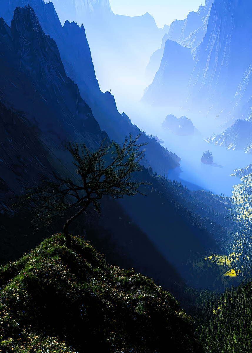 'Blue Mountain Landscape with Lone Tree' Poster, picture, metal print ...