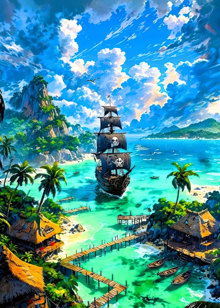 'Pirate Ship on Tropical Island' Poster, picture, metal print, paint by ...