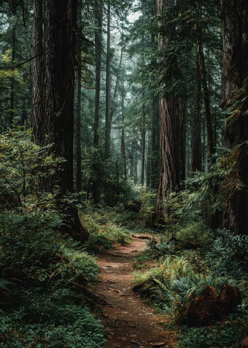 'Forest Path Through Tall Trees' Poster, picture, metal print, paint by Webwald | Displate