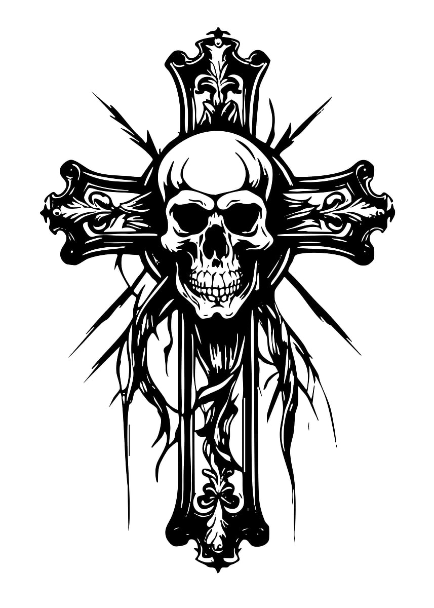 'Skull on Ornate Cross Black and White' Poster, picture, metal print ...