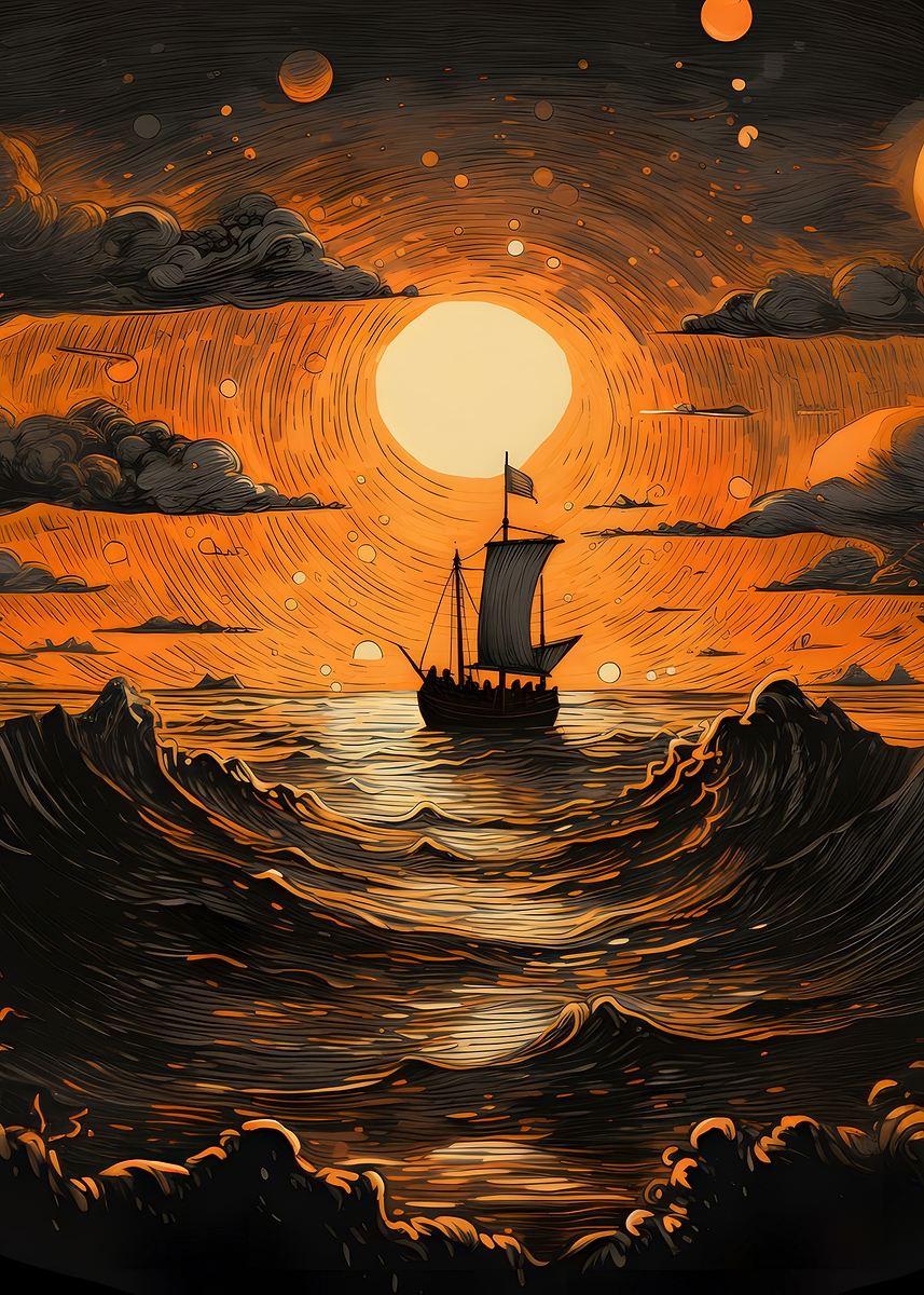 'Sailing Ship at Sunset' Poster, picture, metal print, paint by ...