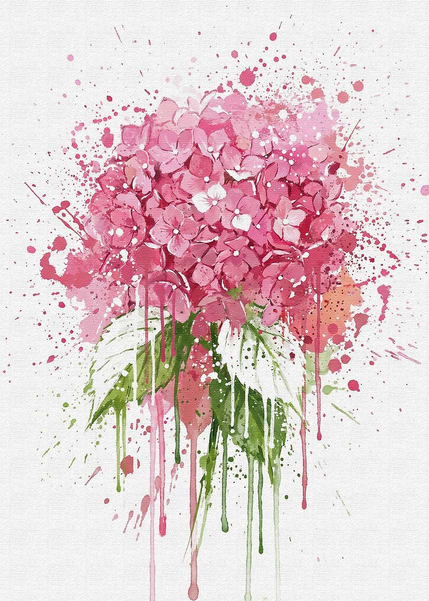 'Pink Hydrangea Watercolor Splatter Art' Poster, picture, metal print ...