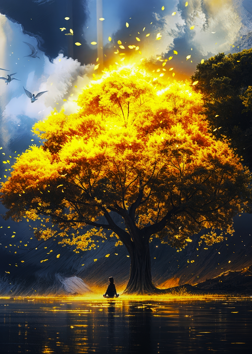 'Golden Tree Meditation by the Lake' Poster, picture, metal print ...