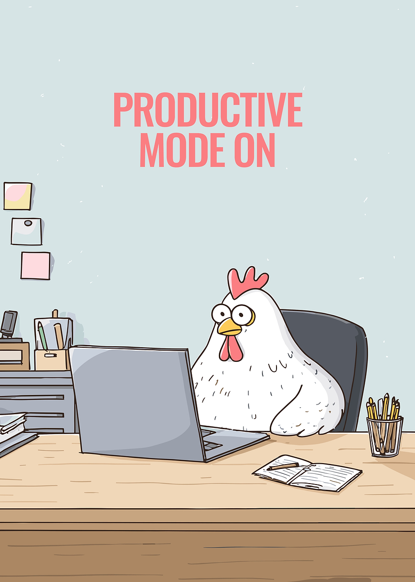 'Productive Chicken Cartoon at Desk' Poster, picture, metal print ...