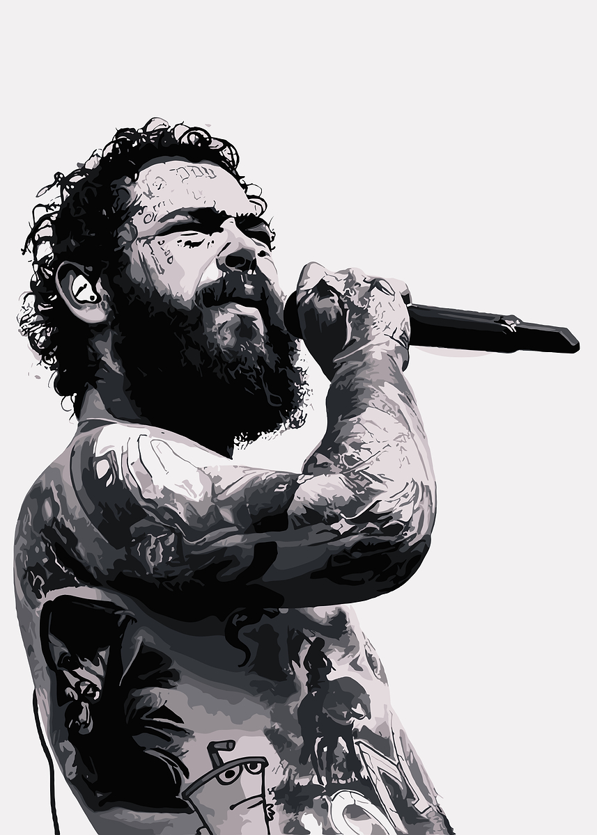 'Post Malone Monochrome Portrait' Poster, picture, metal print, paint ...