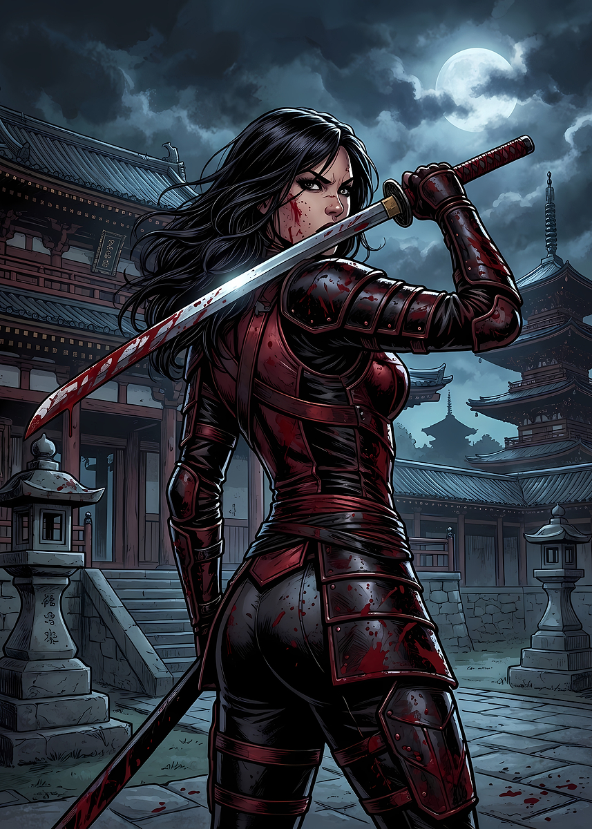 'Bloody Samurai Woman with Katana' Poster, picture, metal print, paint ...