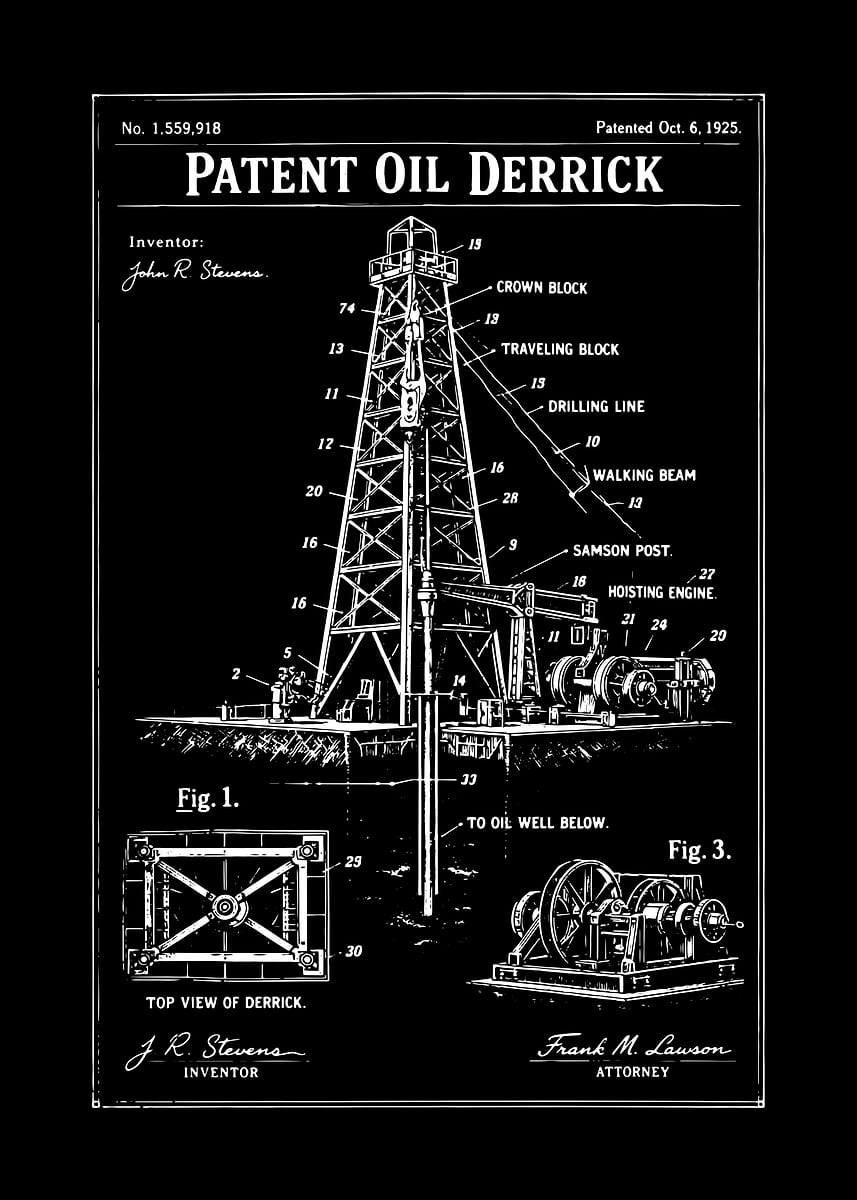 'Patent Oil Derrick Blueprint' Poster, picture, metal print, paint by ...