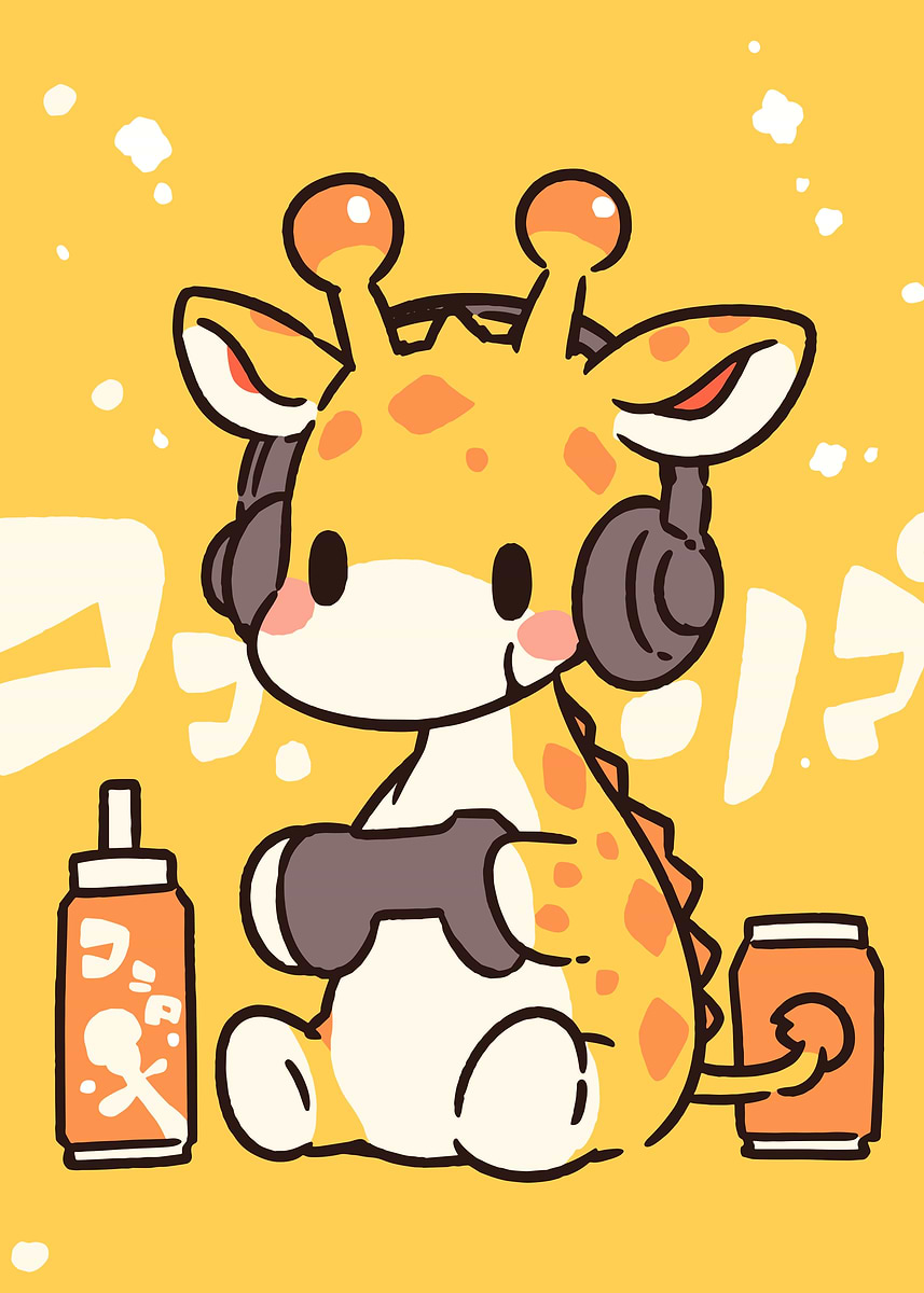 'Cartoon Giraffe Gamer with Drinks' Poster, picture, metal print, paint ...