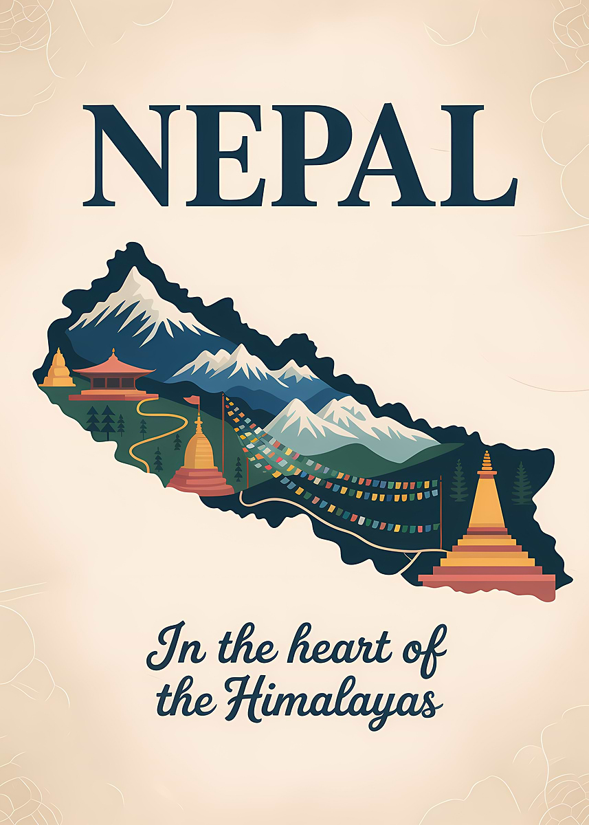 'Nepal Map Travel Poster' Poster, picture, metal print, paint by Mana ...