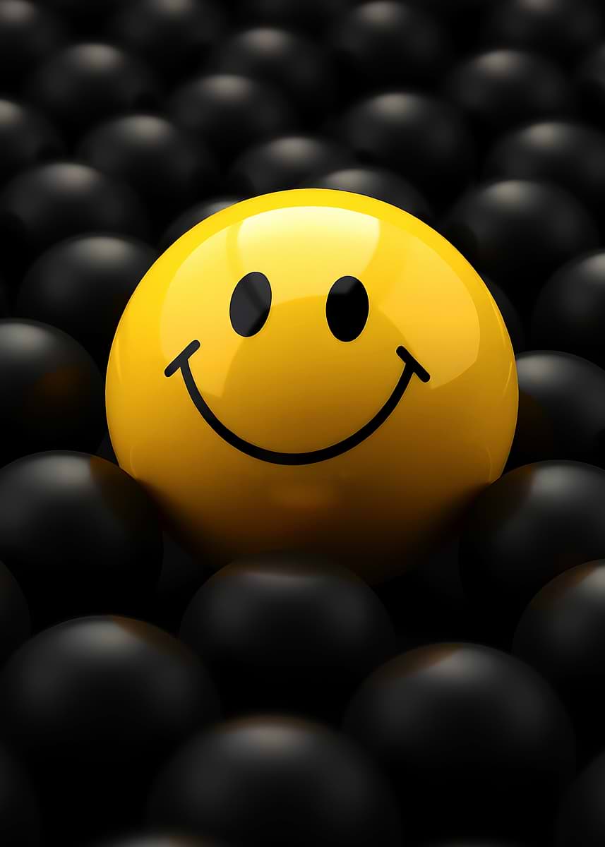'Yellow Smiley Face in Black Spheres' Poster, picture, metal print ...