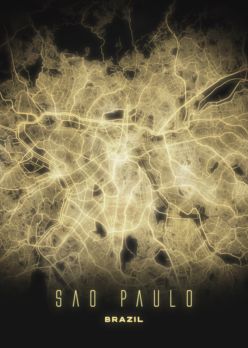 'São Paulo, Brazil - Luminous Streets Map Poster, Modern Metal Wall Art ...