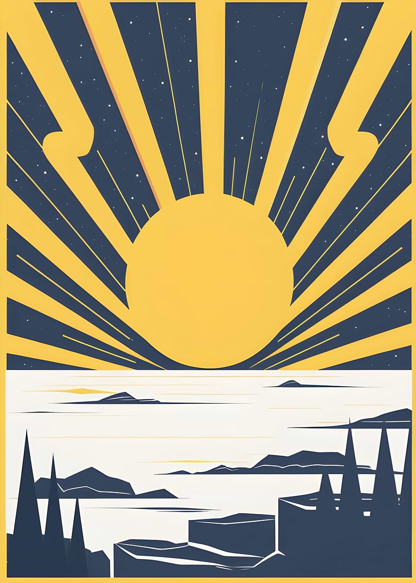 'Minimalist Landscape with Sun and Stars' Poster, picture, metal print ...