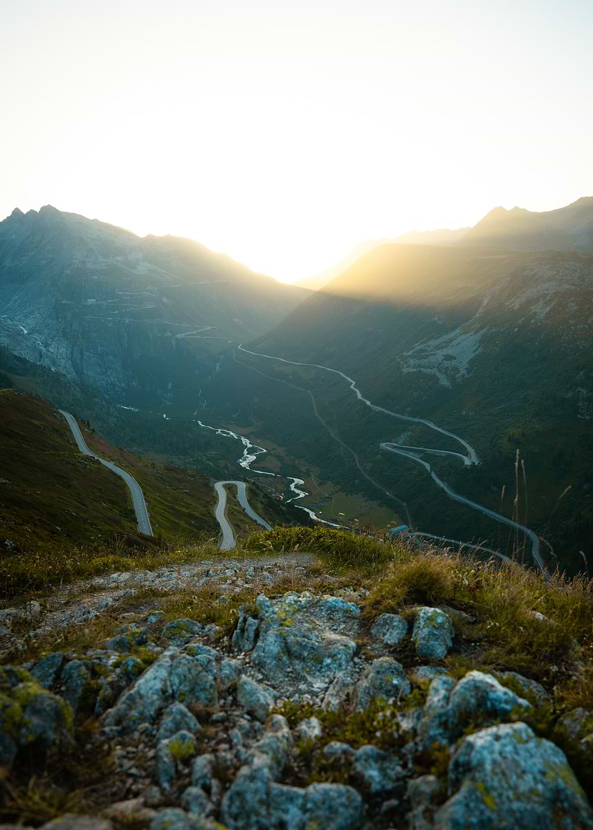 'Mountain Pass at Sunrise' Poster, picture, metal print, paint by ...