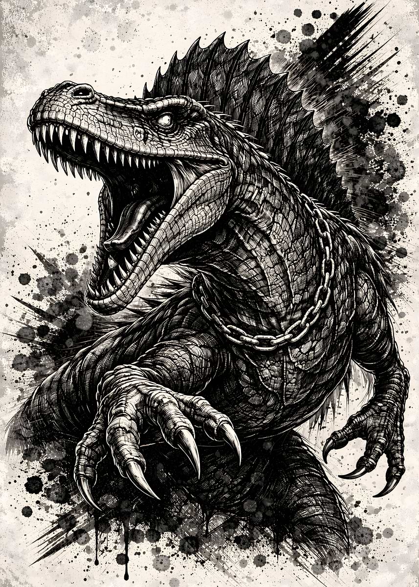 'Monochrome Dinosaur with Chain Illustration' Poster, picture, metal ...