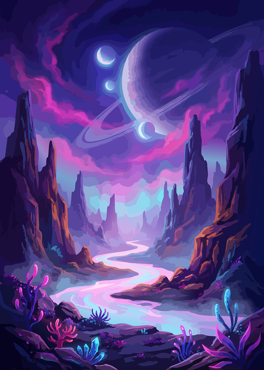 'Fantasy Alien Landscape with River and Planet' Poster, picture, metal ...