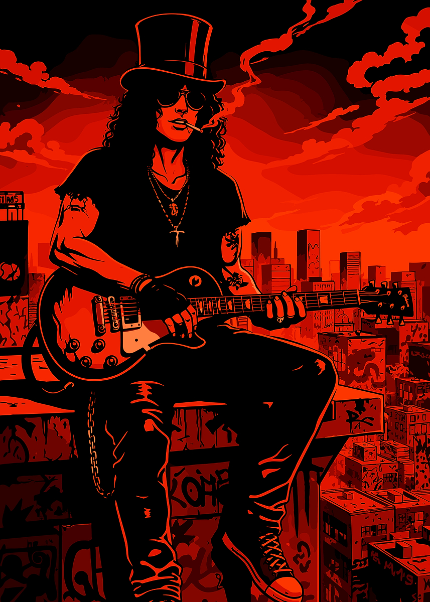 'Slash Guitarist Rooftop Red and Black' Poster, picture, metal print ...