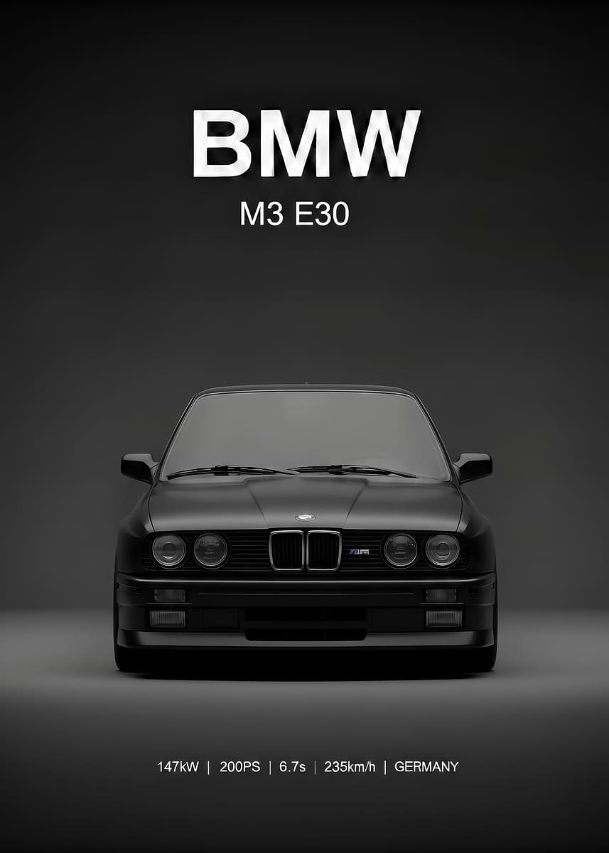 'black BMW M3 E30 Front View' Poster, picture, metal print, paint by mk ...