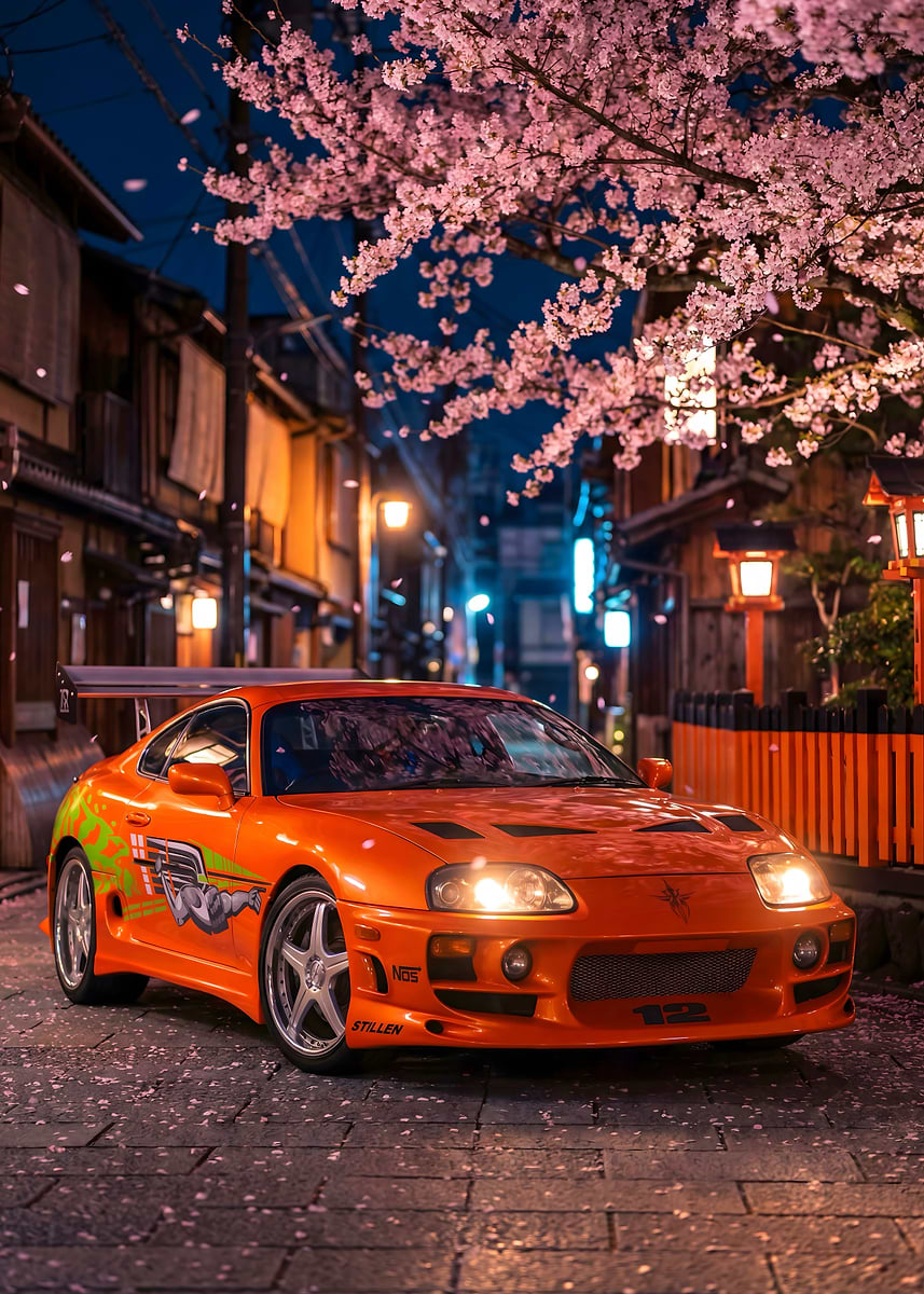 'Orange Supra Mk4 JDM Cherry Blossom' Poster, picture, metal print ...