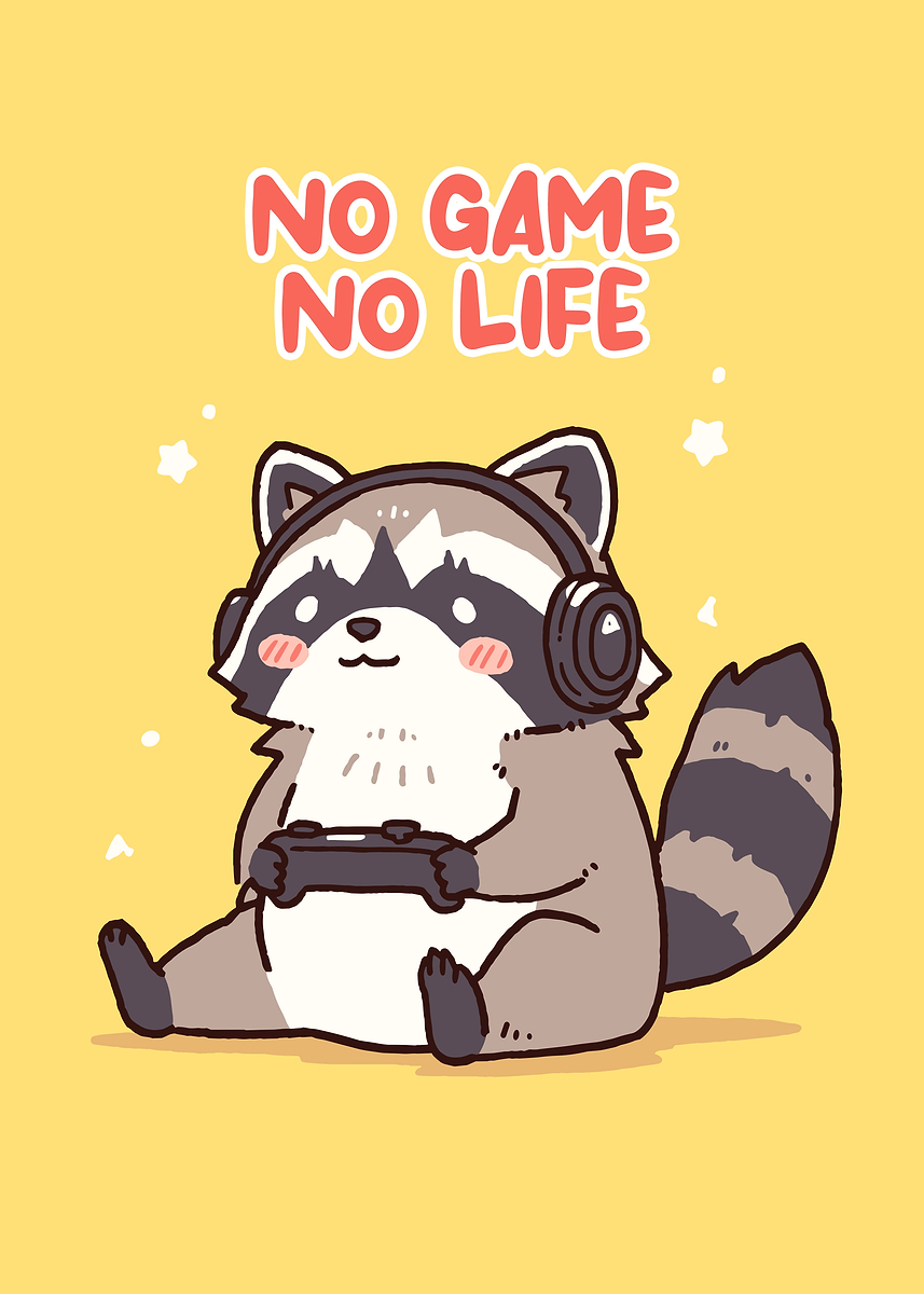 'Cute Raccoon Gamer Cartoon Illustration' Poster, picture, metal print ...