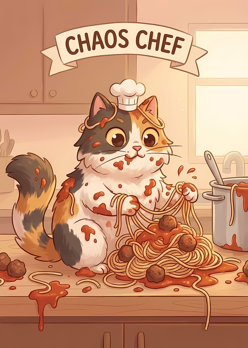 'Chaos Chef: Cat with Spaghetti' Poster, picture, metal print, paint by ...