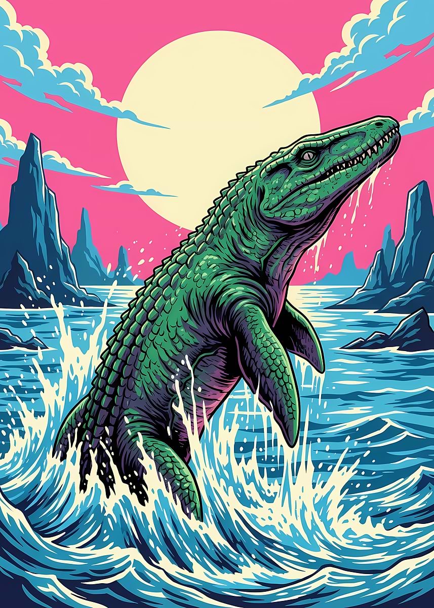 'Green Mosasaur in Ocean Pop Art' Poster, picture, metal print, paint ...