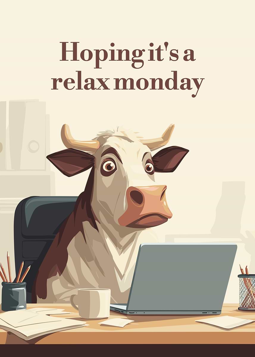 'Cow at Desk: Relax Monday' Poster, picture, metal print, paint by Lily ...
