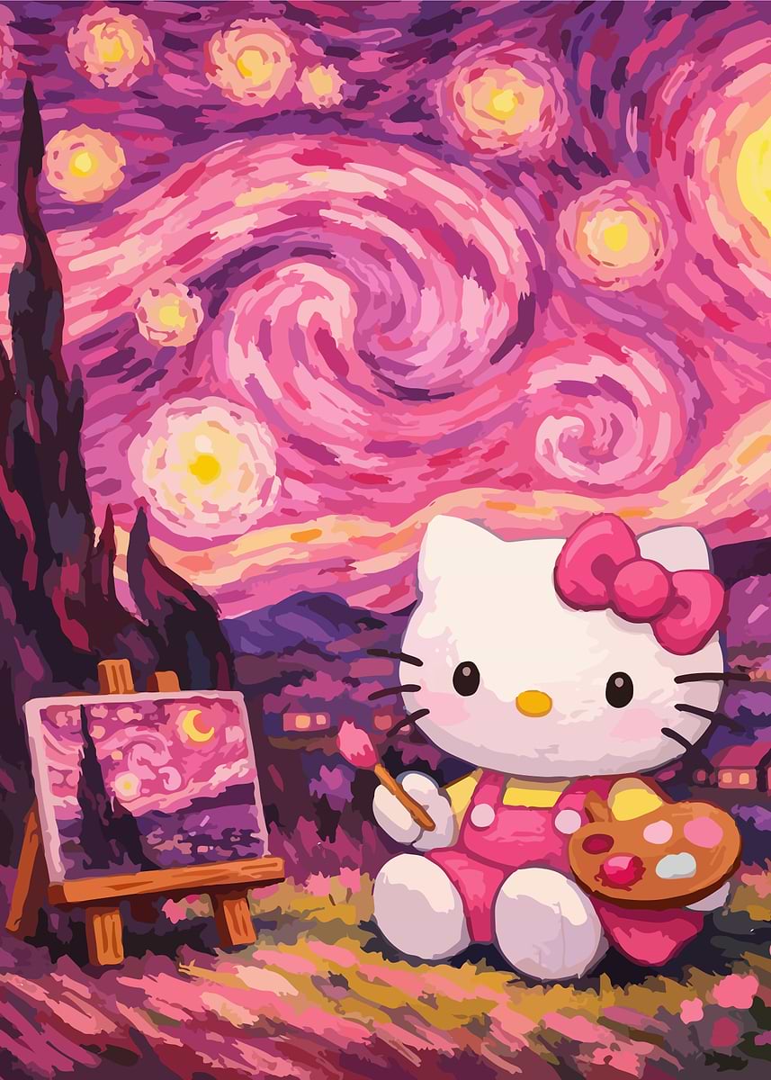 'Hello Kitty Starry Night Painting' Poster, picture, metal print, paint ...