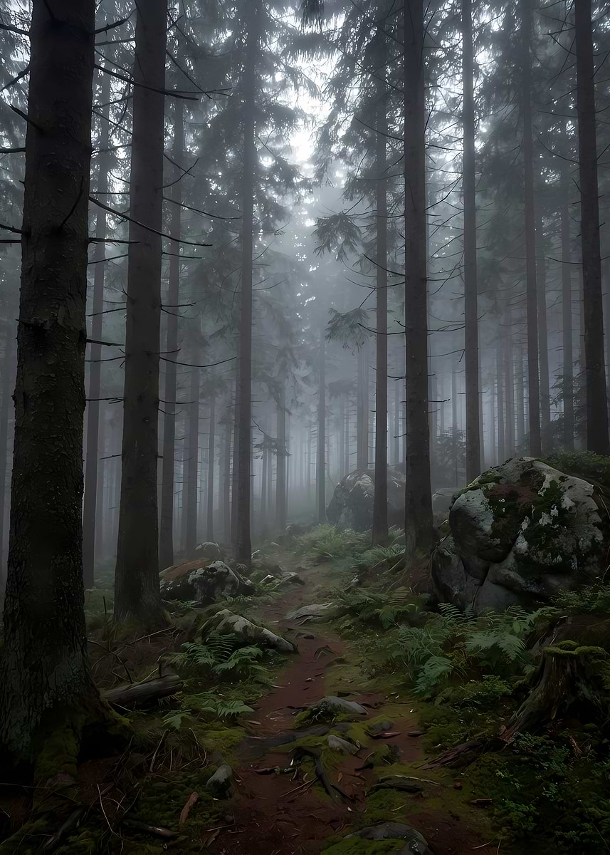 'Misty Forest Path' Poster, picture, metal print, paint by ...