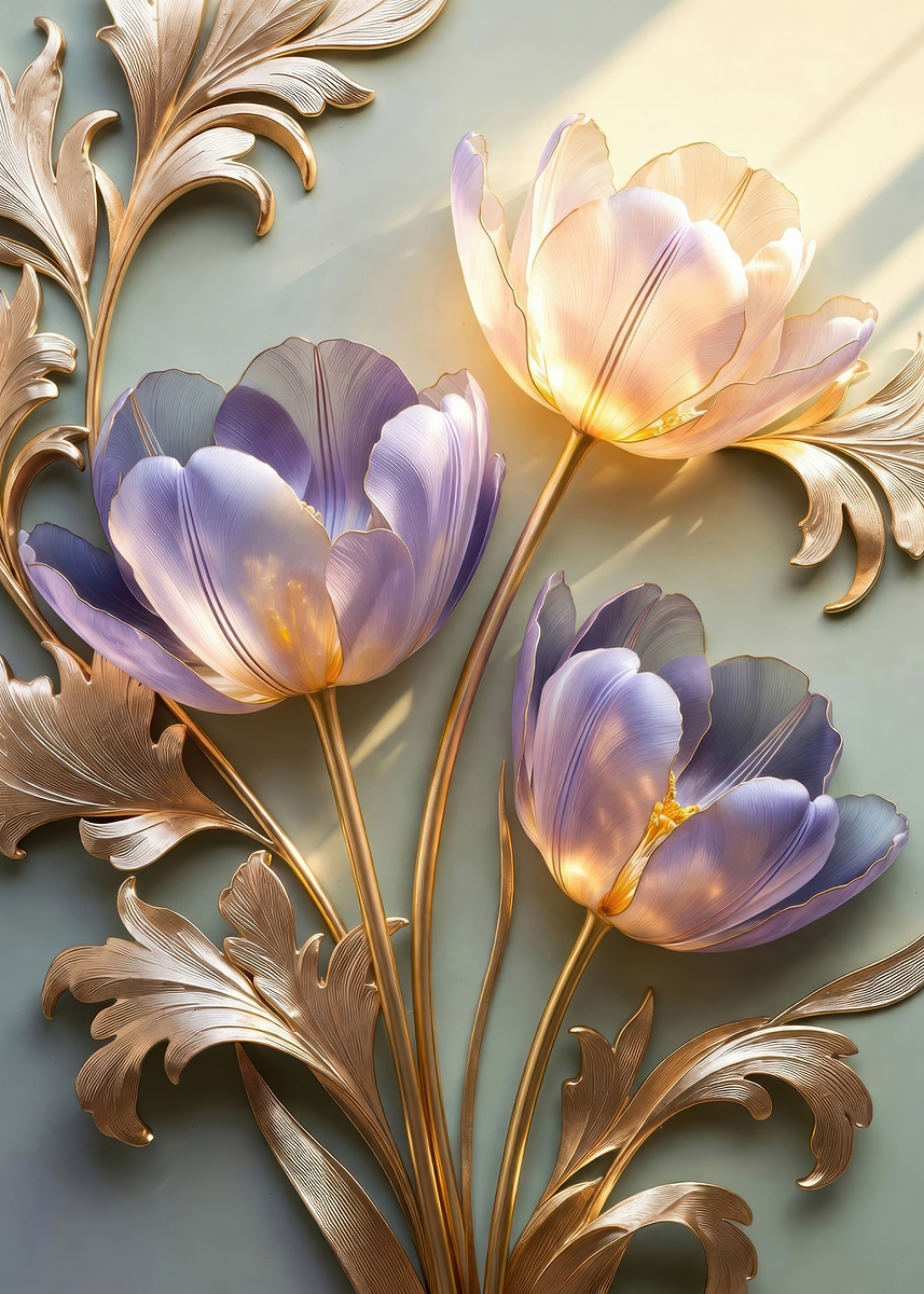 'Floral Elegance: Tulips and Golden Accents' Poster, picture, metal ...