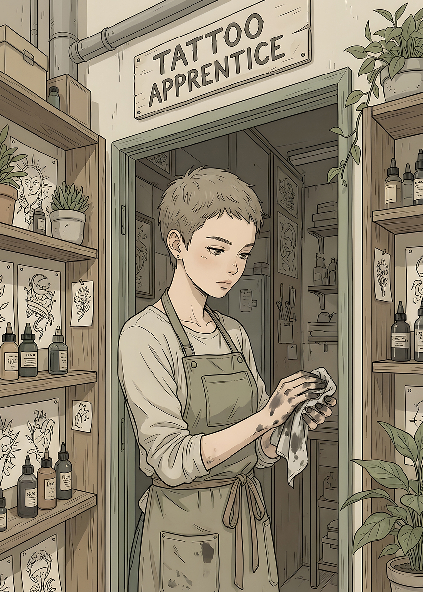 'Tattoo Apprentice in Studio' Poster, picture, metal print, paint by ...