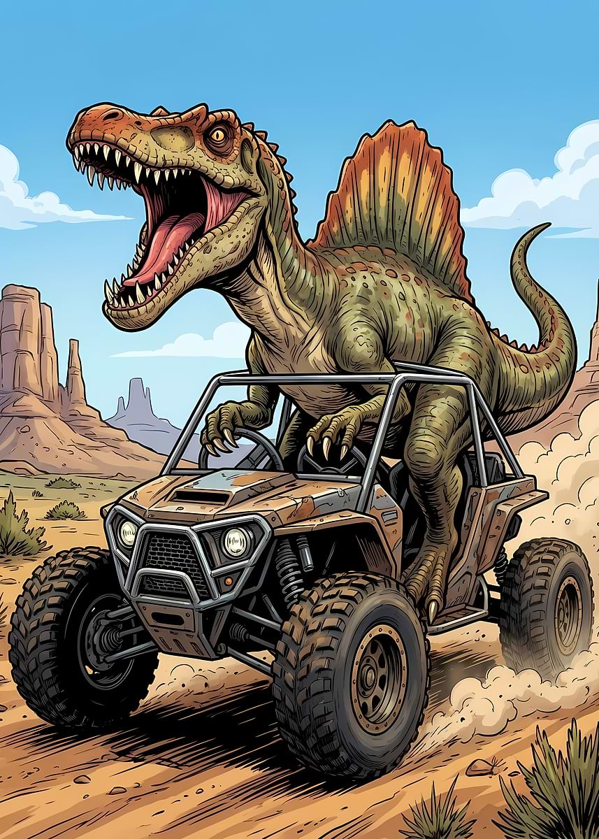 'Dinosaur Driving an Off-Road Vehicle' Poster, picture, metal print ...