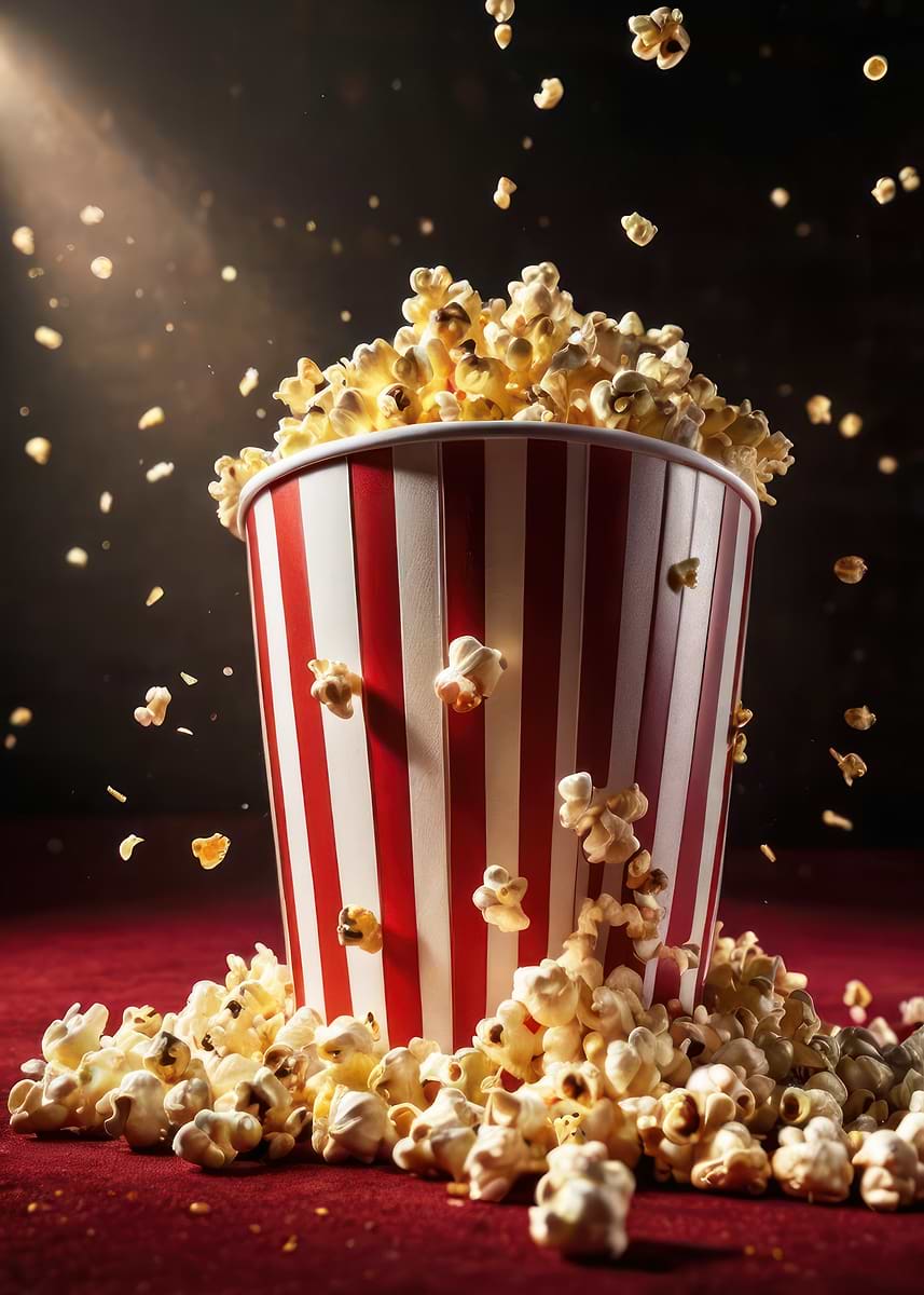 'Popcorn bucket with falling kernels Cinema' Poster, picture, metal ...