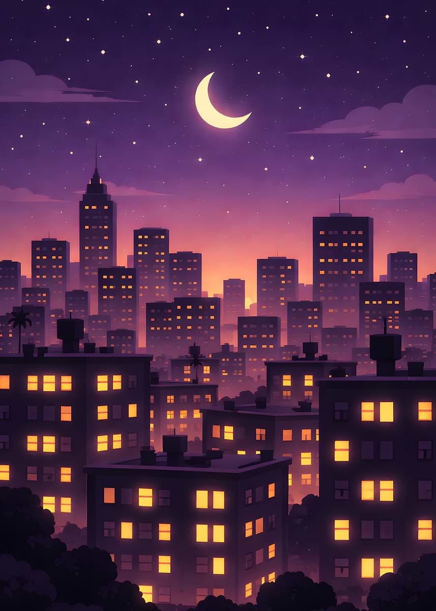 'Night Cityscape with Crescent Moon' Poster, picture, metal print ...