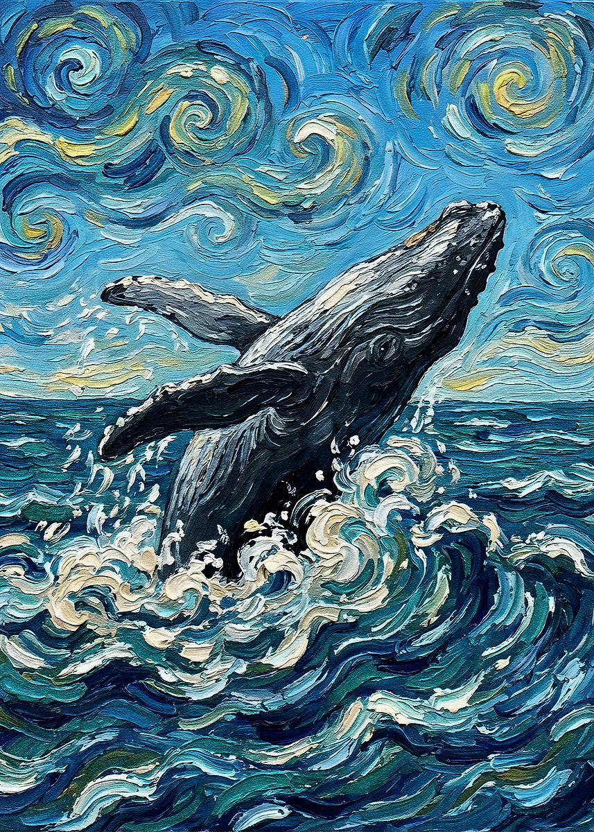 'Whale breaching in Van Gogh' Poster, picture, metal print, paint by ...