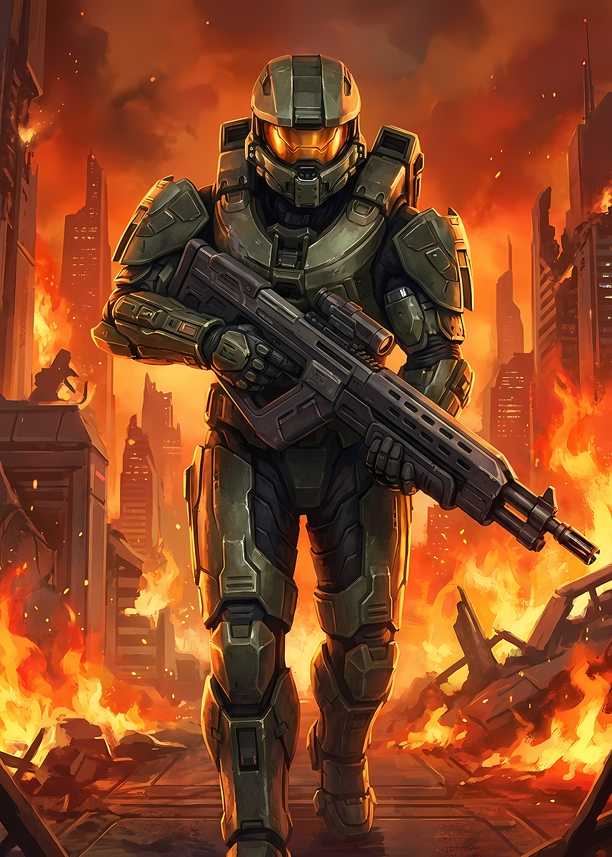 'Master Chief in a fiery cityscape' Poster, picture, metal print, paint ...