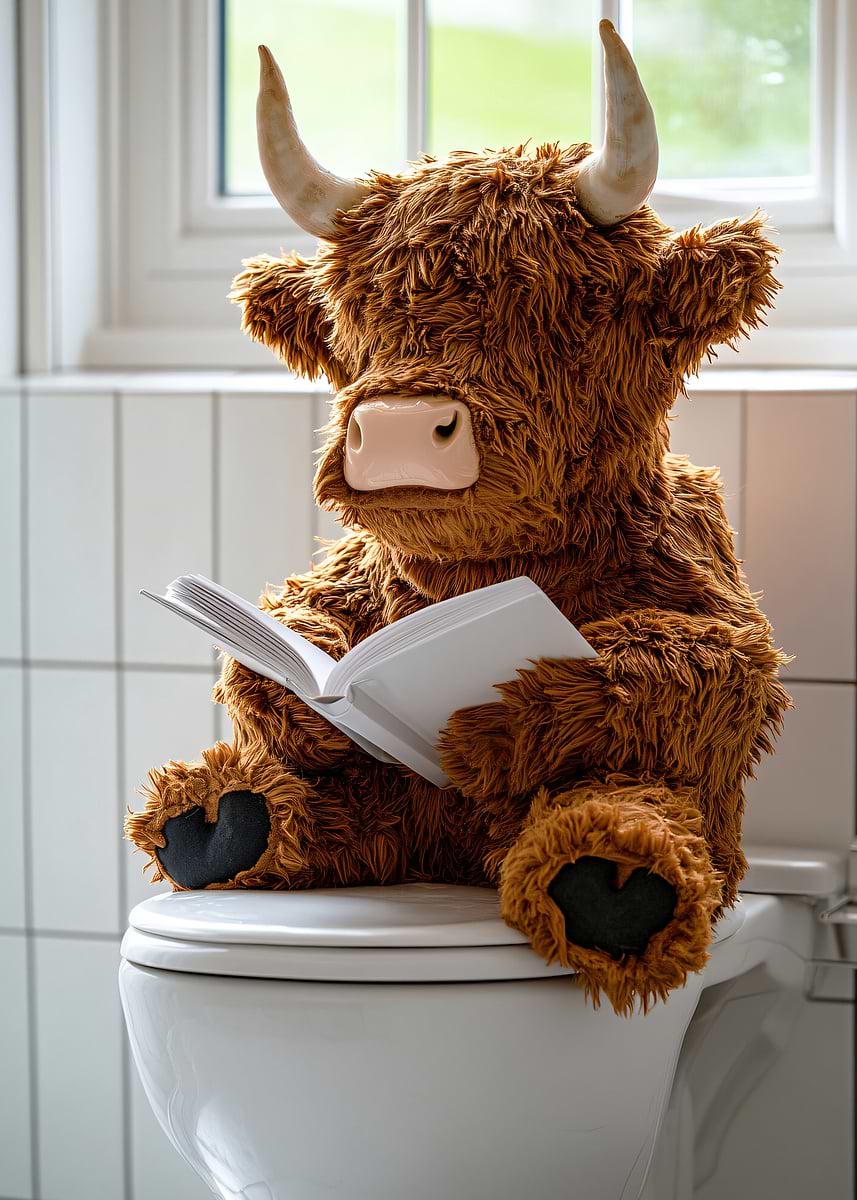 'Highland Cow Plush Reading on Toilet' Poster, picture, metal print ...