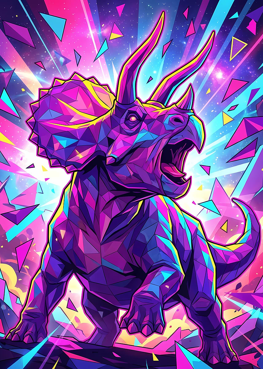 'Geometric Triceratops Roar in Neon Colors' Poster, picture, metal ...