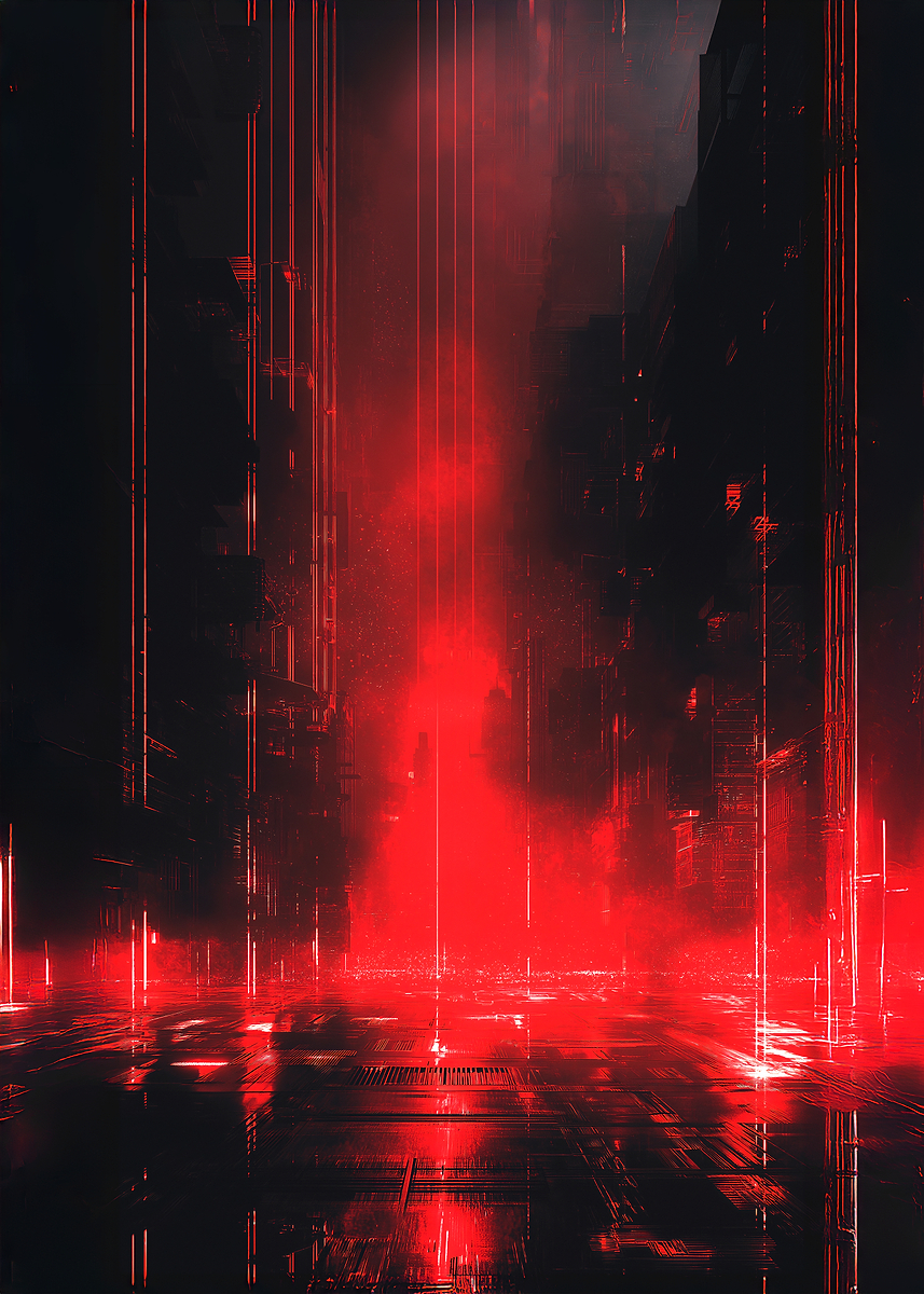 'Cyberpunk Cityscape with Red Lights' Poster, picture, metal print ...