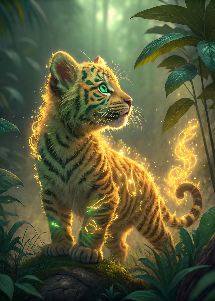'Enchanted Tiger Cub in Jungle' Poster, picture, metal print, paint by ...