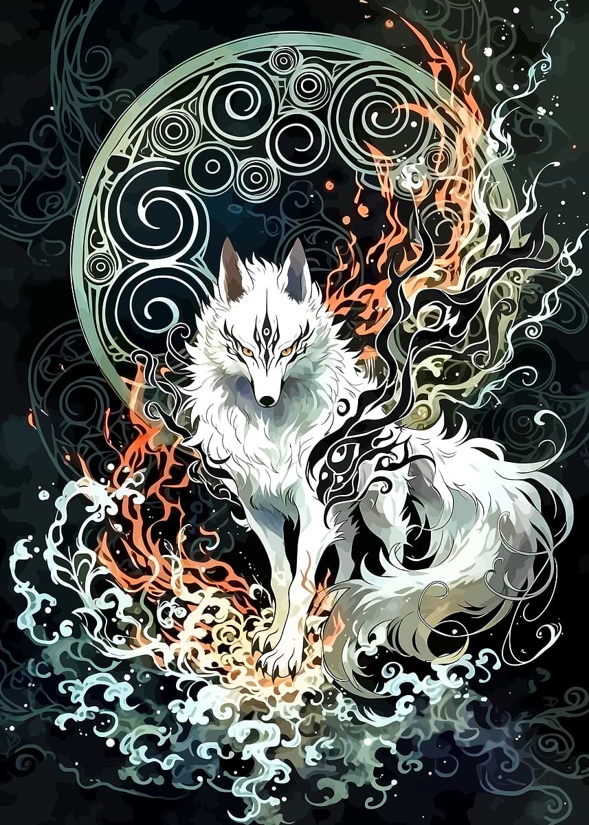 'Mystical White Fox with Ornate Background' Poster, picture, metal ...