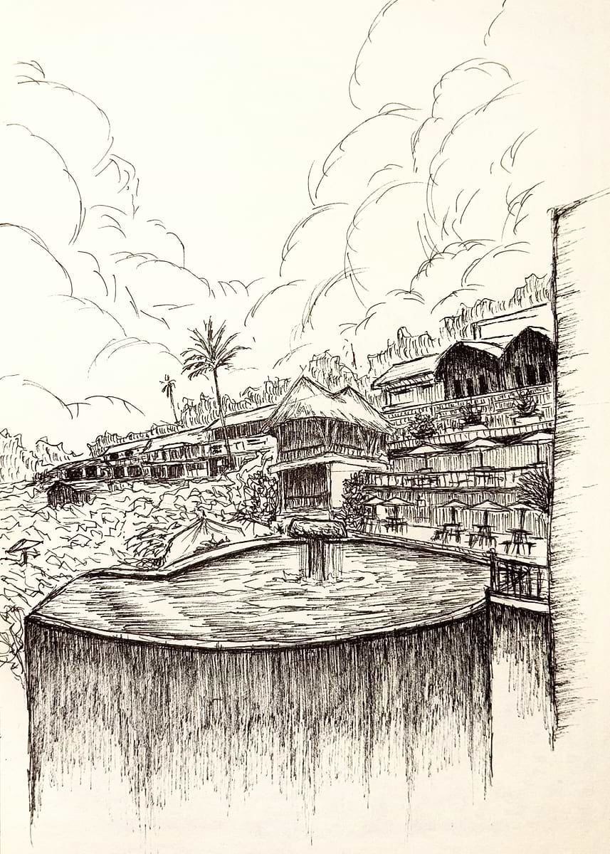 'Ink Drawing of a Tropical Resort' Poster, picture, metal print, paint ...