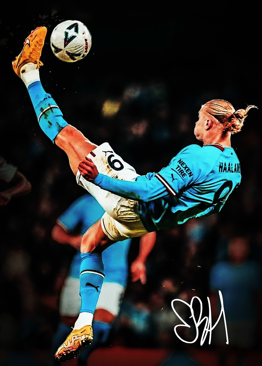 'Erling Haaland Bicycle Kick' Poster, picture, metal print, paint by ...