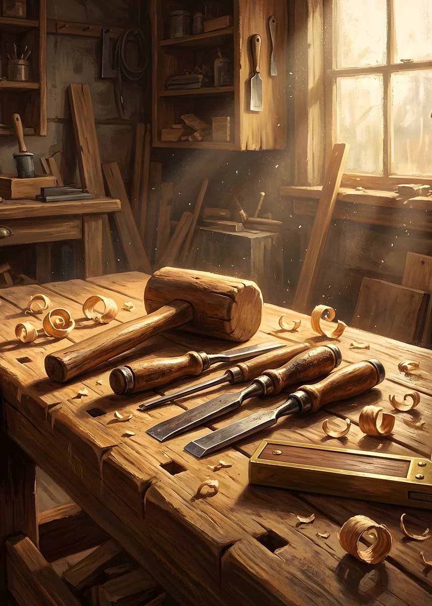 'Woodworking Tools on Workbench, Carpenter workshop' Poster, picture ...